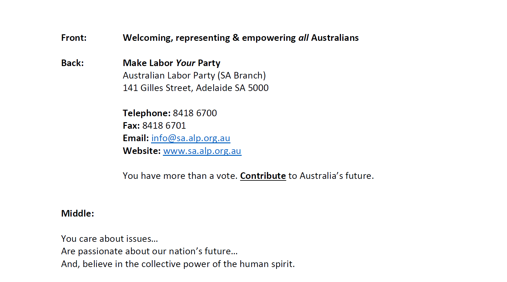 SA Labor Party Membership Application – Amanda Smith, Writer